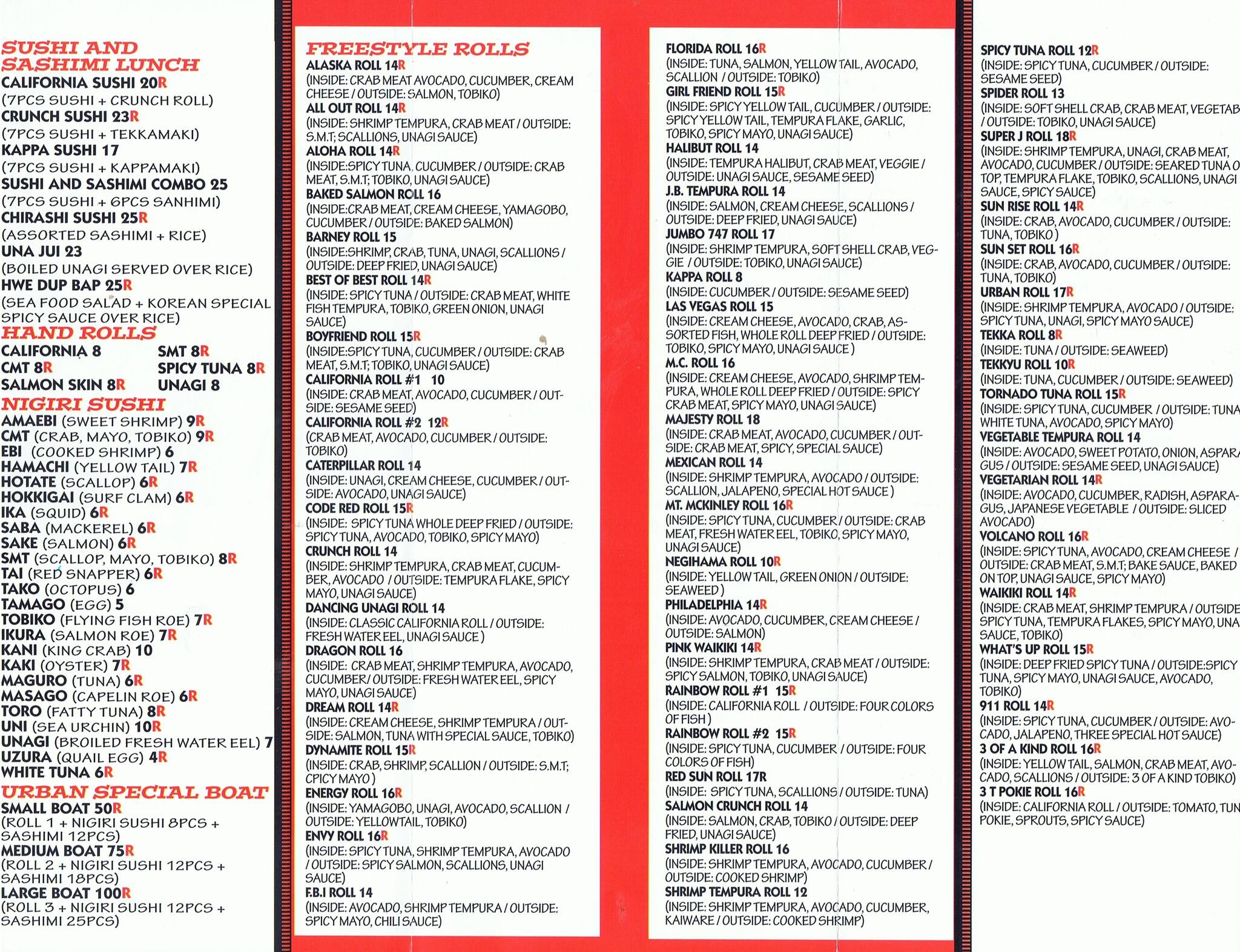 Menu at Urban Sushi restaurant, Anchorage, 509 W 3rd Ave