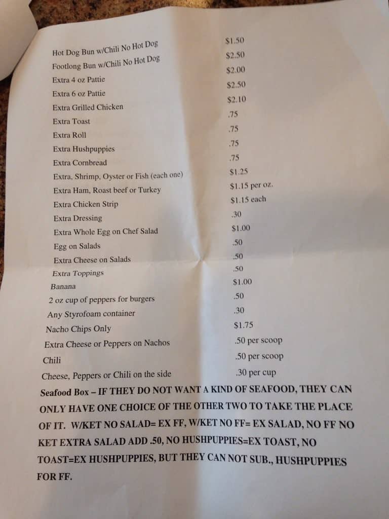 Menu at LeBlanc's Drive-In, Zachary