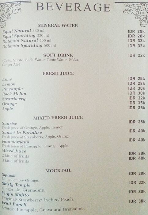 Menu at Expatriate Italian Restaurant, North Jakarta
