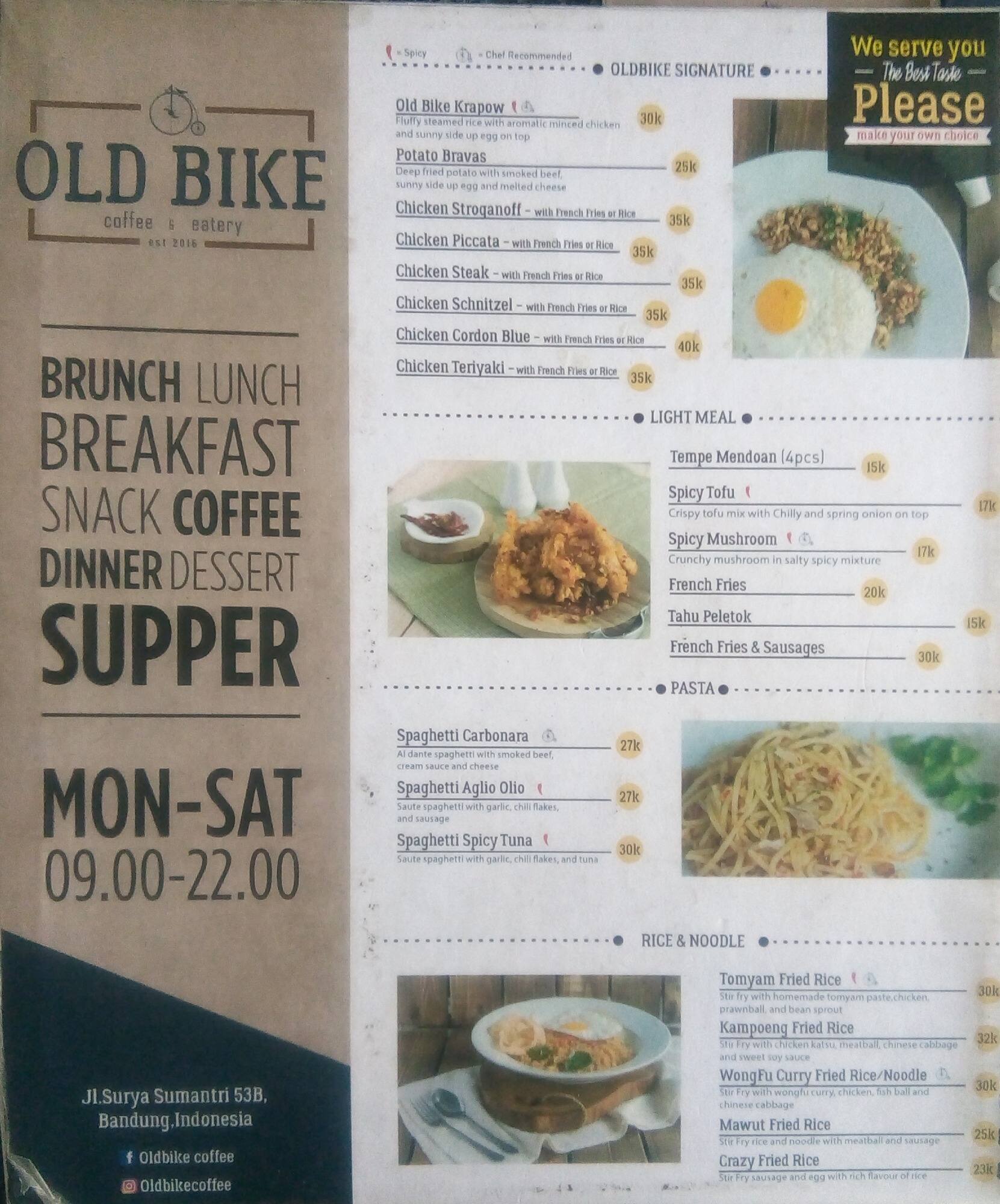 Menu at Old Bike Coffee & Eatery cafe, Bandung