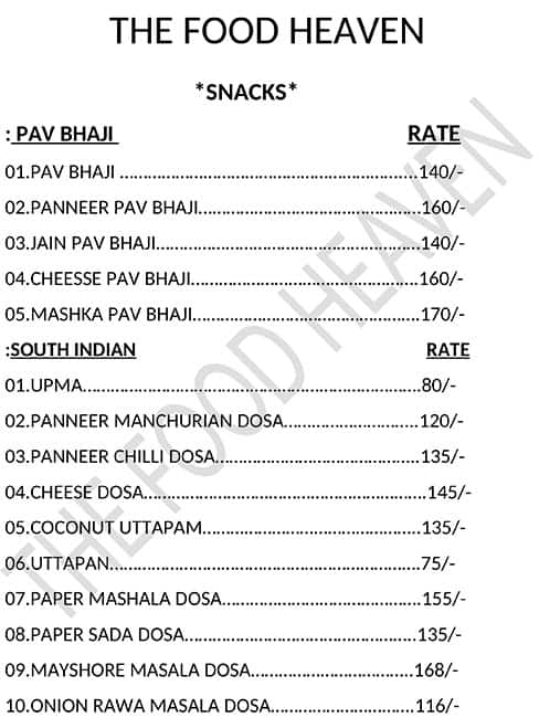 Menu of The Food Heaven, Goregaon East, Mumbai