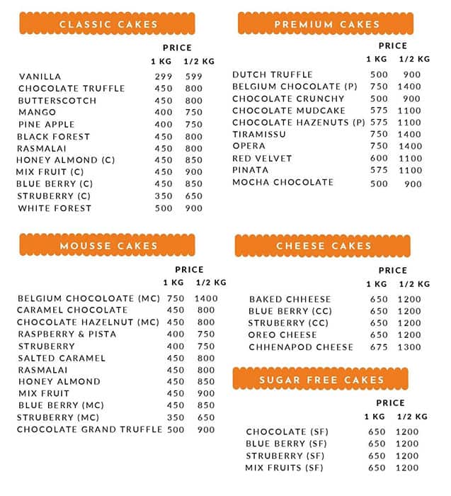 Menu of D'bake, Chandrasekharpur, Bhubaneshwar