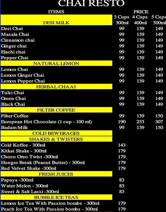 Menu of Chai Resto, HSR, Bangalore