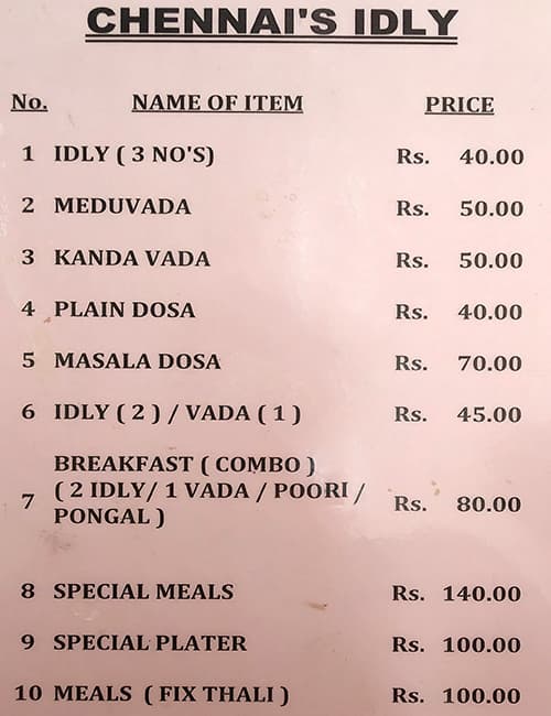 Menu at Chennai's Idly, Ahmedabad
