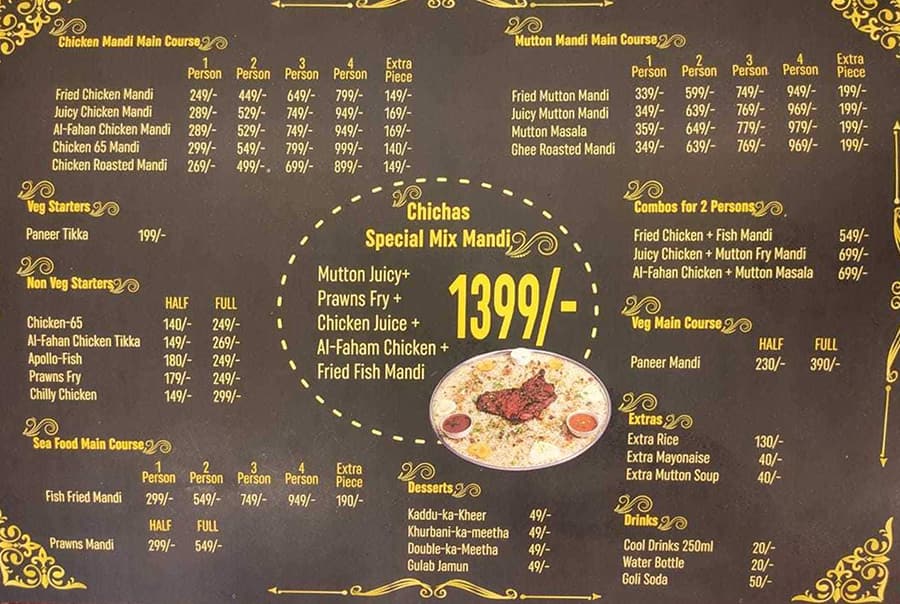 Menu of The Chichas Arabian Mandi, Marredpally, Secunderabad