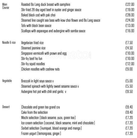 Menu at Bo Lang restaurant, London