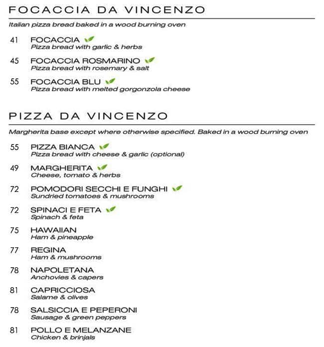 Menu at Da Vincenzo restaurant, Midrand