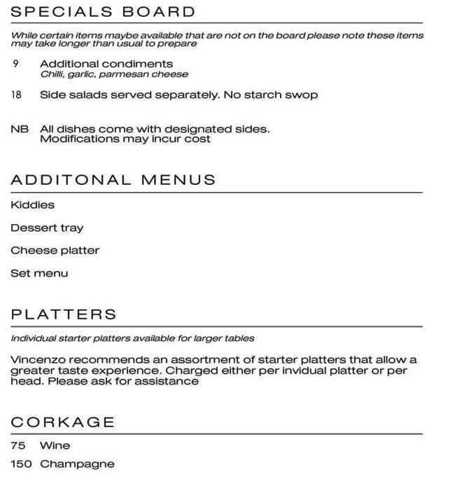 Menu at Da Vincenzo Italian Restaurant & Venue, Randburg