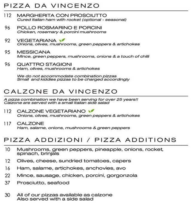 Menu at Da Vincenzo restaurant, Midrand