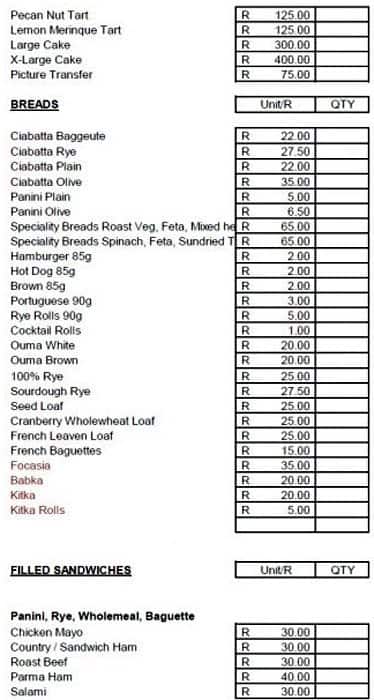 Menu at Not Bread Alone restaurant, Randburg, 286 Acacia Rd