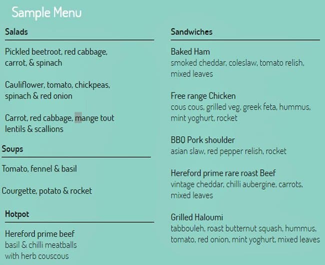 Menu at Green Bench Cafe, Dublin