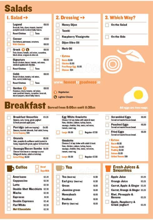 Menu at Honest To Goodness cafe, Dublin