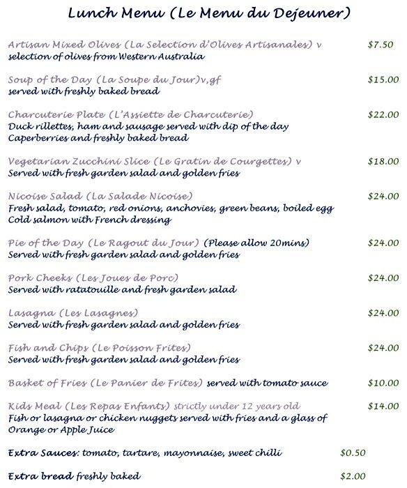 Menu at Lavender Bistro cafe, West Swan