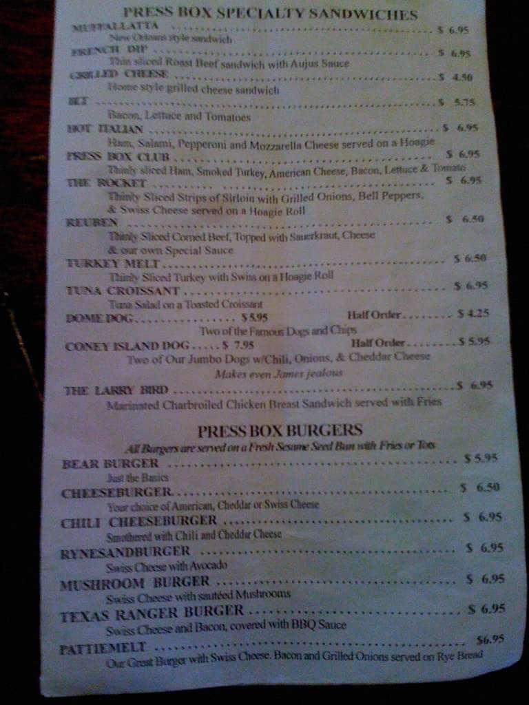 Menu at Press Box pub & bar, Galveston