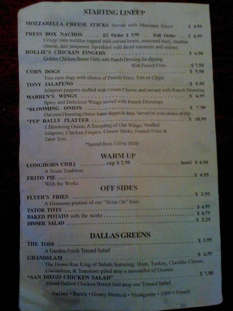 Menu at Press Box pub & bar, Galveston