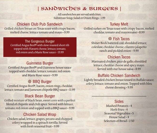 Menu at The Gorgeous Gael pub & bar, Houston