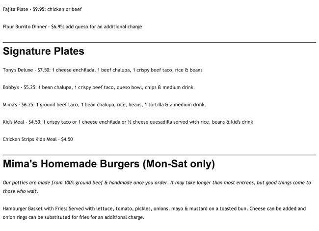 Menu at Mima's Tacos restaurant, Wimberley