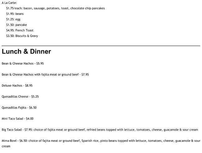 Menu at Mima's Tacos restaurant, Wimberley