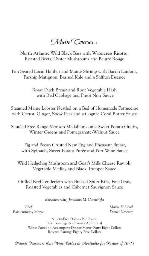 Menu at White Barn Inn, Auberge Resorts Collection, Kennebunk, 37 Beach Ave