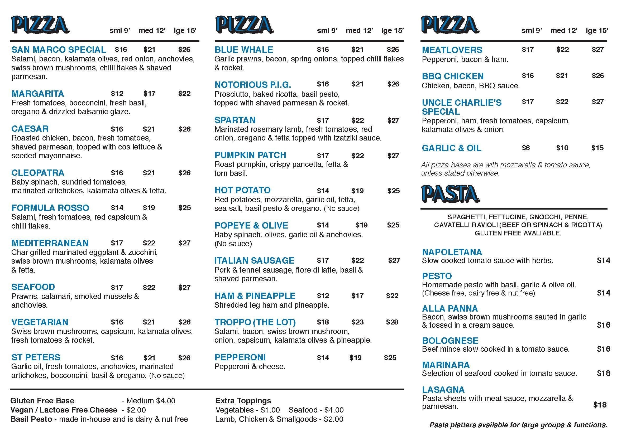 Menu at San Marco Pizzeria, Saint Peters