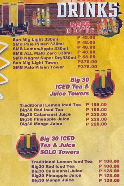 Menu at Big 30, Santa Rosa