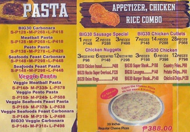 Menu at Big 30, Santa Rosa