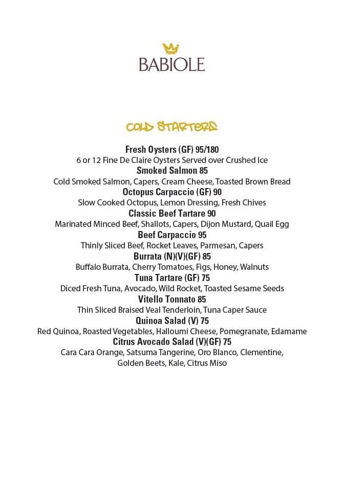 Menu at Babiole - Hilton Dubai Al Habtoor City, Dubai