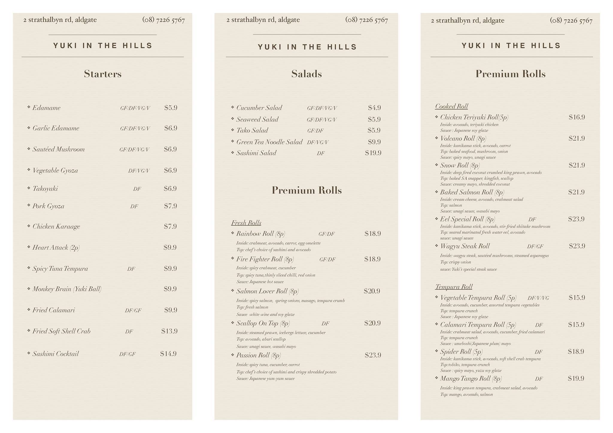 Menu at Yuki in the Hills restaurant, Aldgate