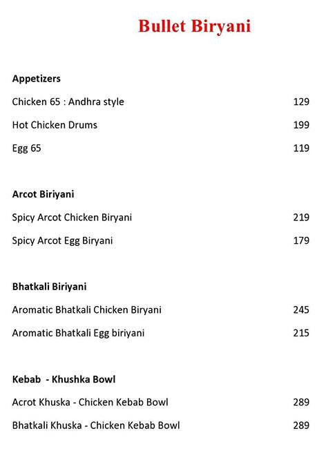 Menu of Bullet Biryani, Hadapsar, Pune