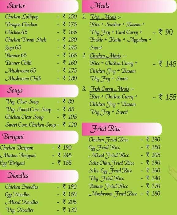 Menu of She Foods Restaurant, Anna Nagar West, Chennai