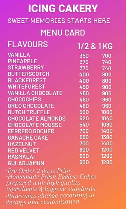 Menu of Icing Cakery, Sakinaka, Mumbai