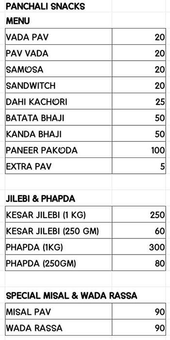 Menu of Panchali Snacks, Nashik Road, Nashik
