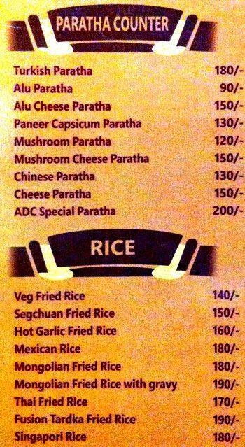 Menu at Adda Chowk, Kolkata