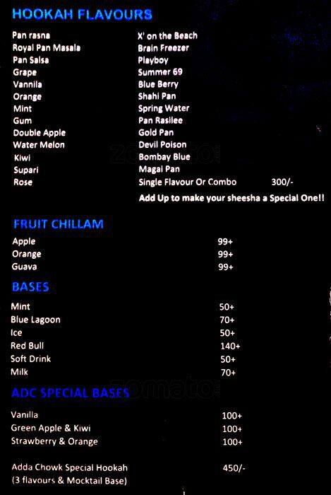 Menu at Adda Chowk, Kolkata