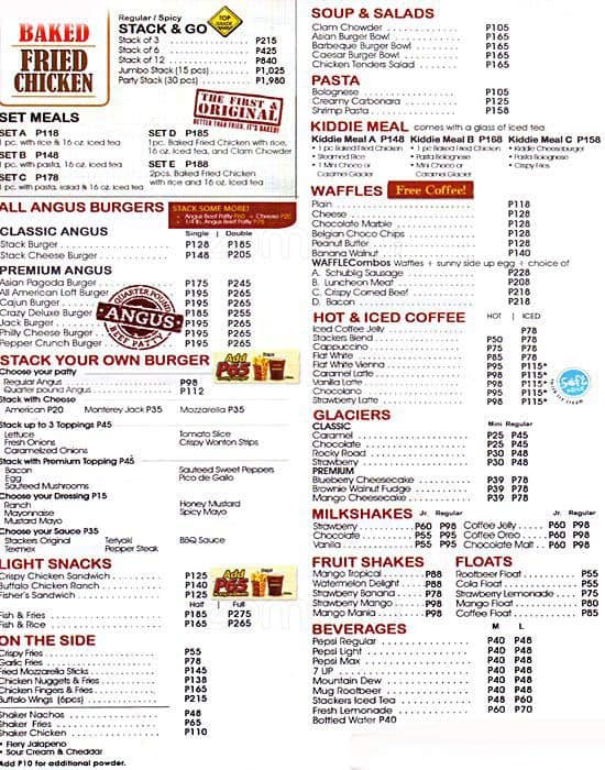 Menu at Stackers restaurant, San Juan, 2/F