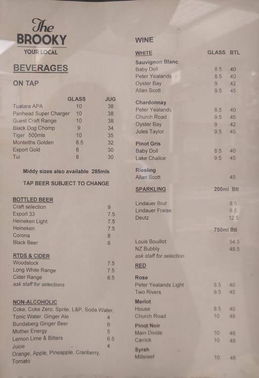 Menu at Brooklyn Bar & Bistro, Wellington