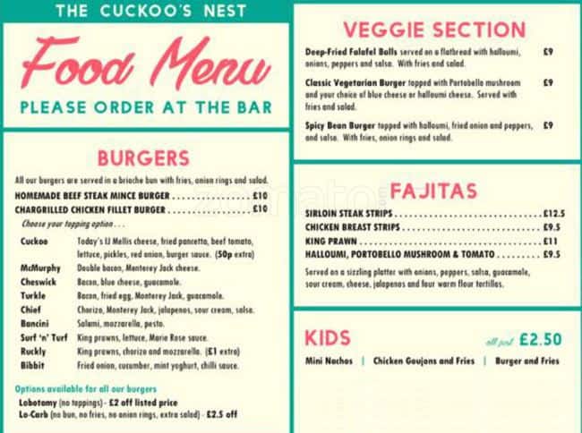 Menu at The Cuckoo's Nest pub & bar, Edinburgh