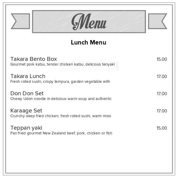 Menu at Takara Japanese Restaurant&Bar, Tauranga