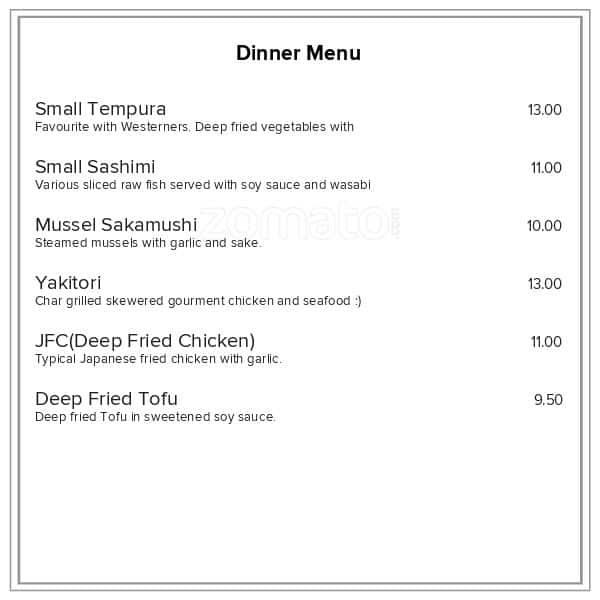 Menu at Takara Japanese Restaurant&Bar, Tauranga