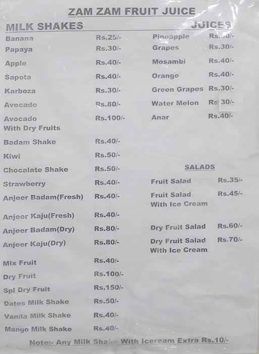 Menu of Zam Zam Fruit Juice, Begumpet, Hyderabad