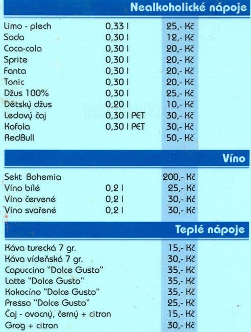 Menu at Pivní sanatorium restaurant, Prague