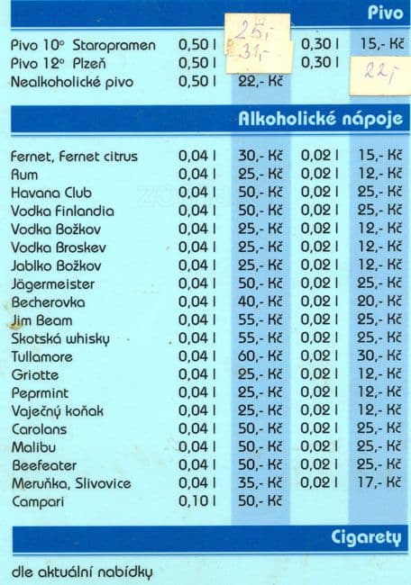 Menu at Pivní sanatorium restaurant, Prague