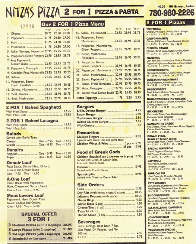 Nitza's Pizza Menu, Menu for Nitza's Pizza, Leduc, Edmonton ...