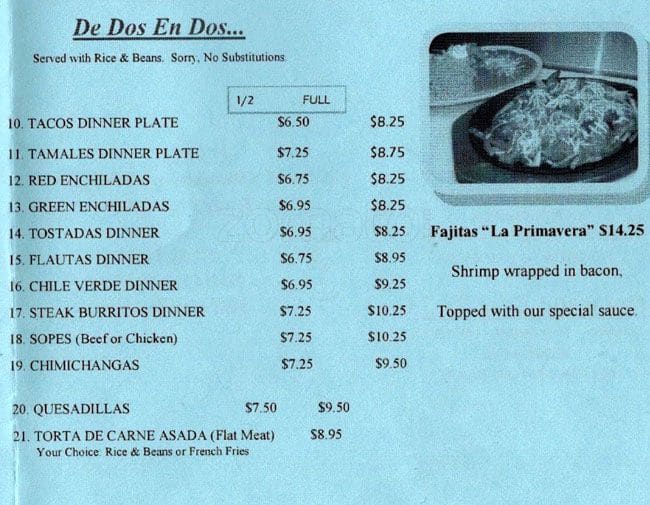 Menu at La Primavera restaurant, Martinez, Pine St # I