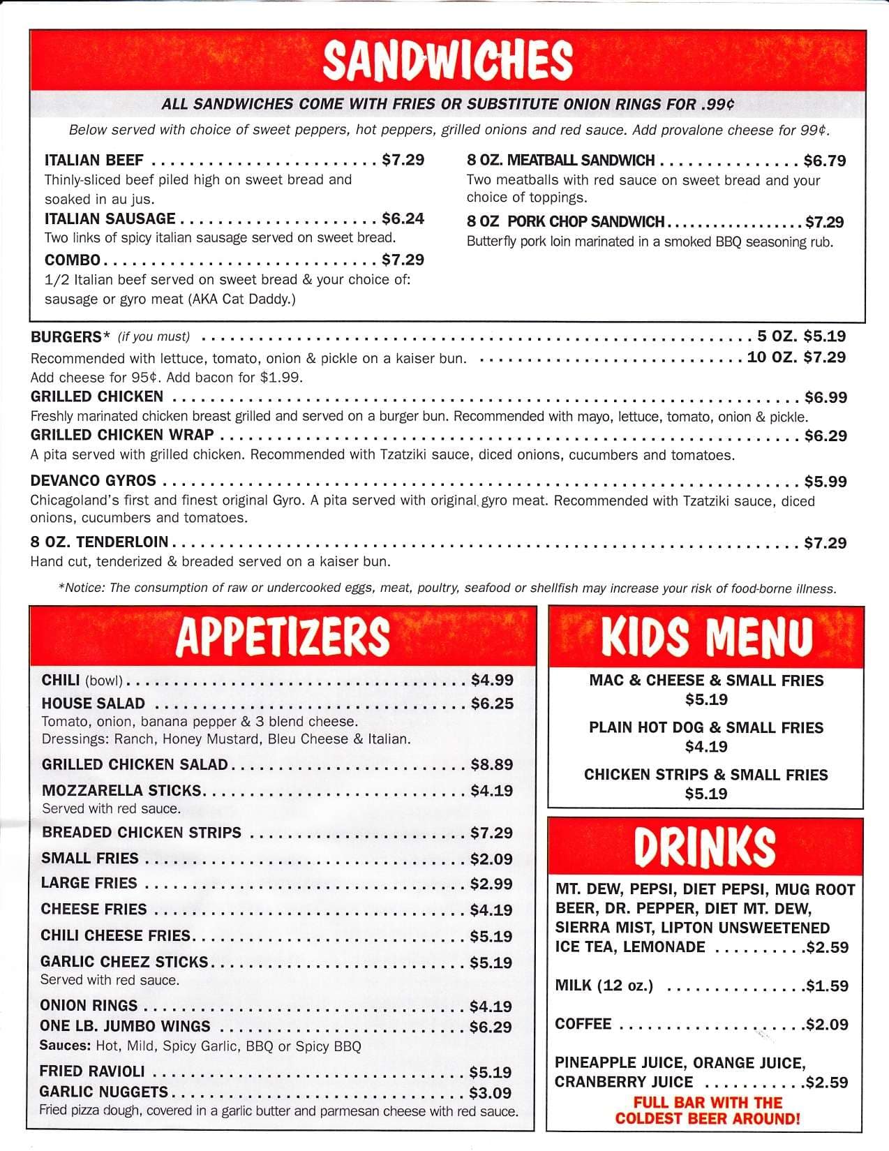 Menu at The 5th Quarter Sports Bar and Pizzeria, East Peoria