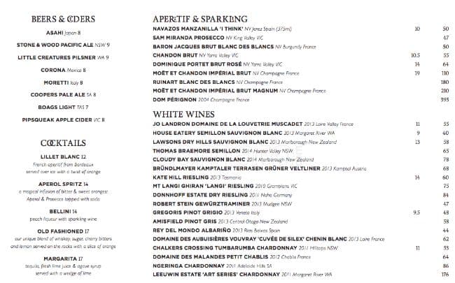 Menu at House Eatery By George, Sydney, Bennelong Point