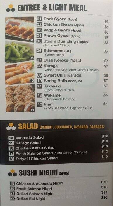 Menu at Sushi Bee restaurant, Kallangur
