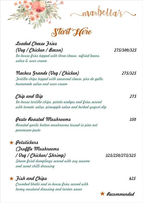Menu of Marbella's, Hindustan Park, Kolkata