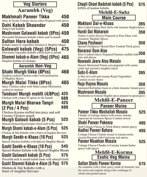 Menu of Dawat-E-Sultan, Sector 14, Faridabad