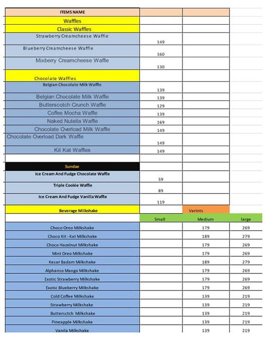 Menu of Waffle Factory, Aliganj, Lucknow